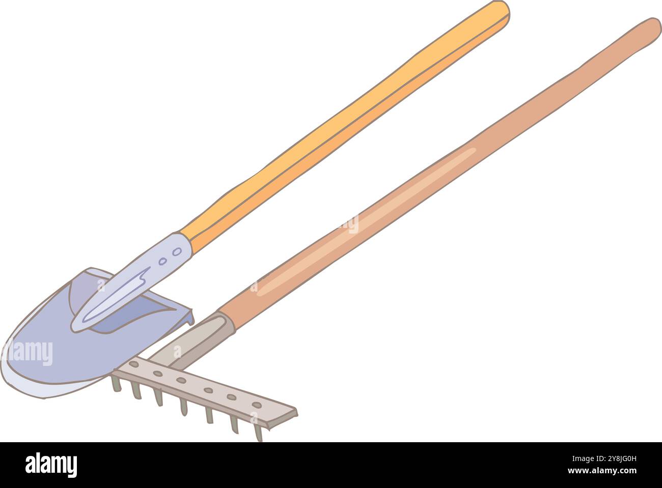 Flat gardening tools with shovel rake and hayfork on white background ...