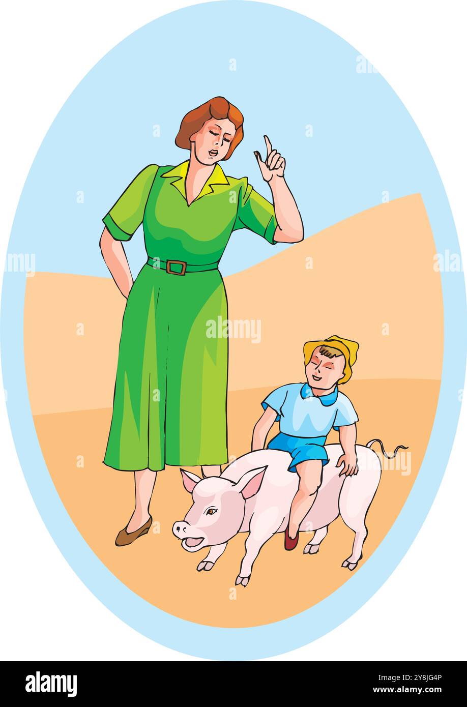 Cartoon character of a boy Sitting on Pig vector design illustration ...