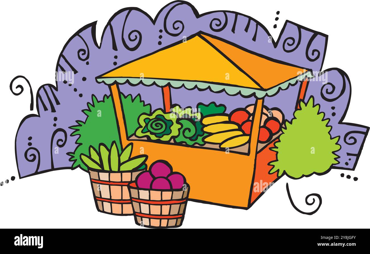 Local farm fruits and vegetables market. Happy farmer. Vector flat ...