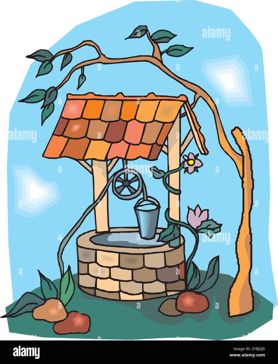 Countryside isometric composition with isolated image of water well on ...