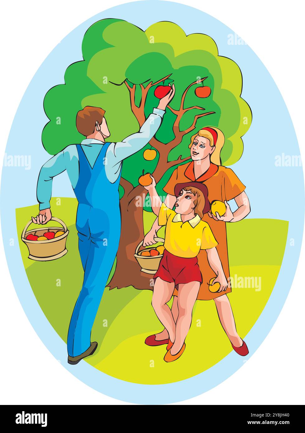 Cartoon characters of farmer with his family Picking Apples vector ...
