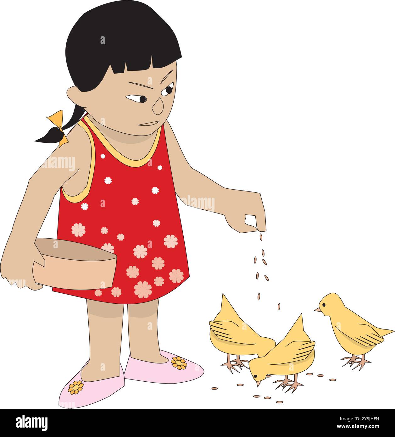 Little girl feeds some chickens and chicks. Cartoon character ...