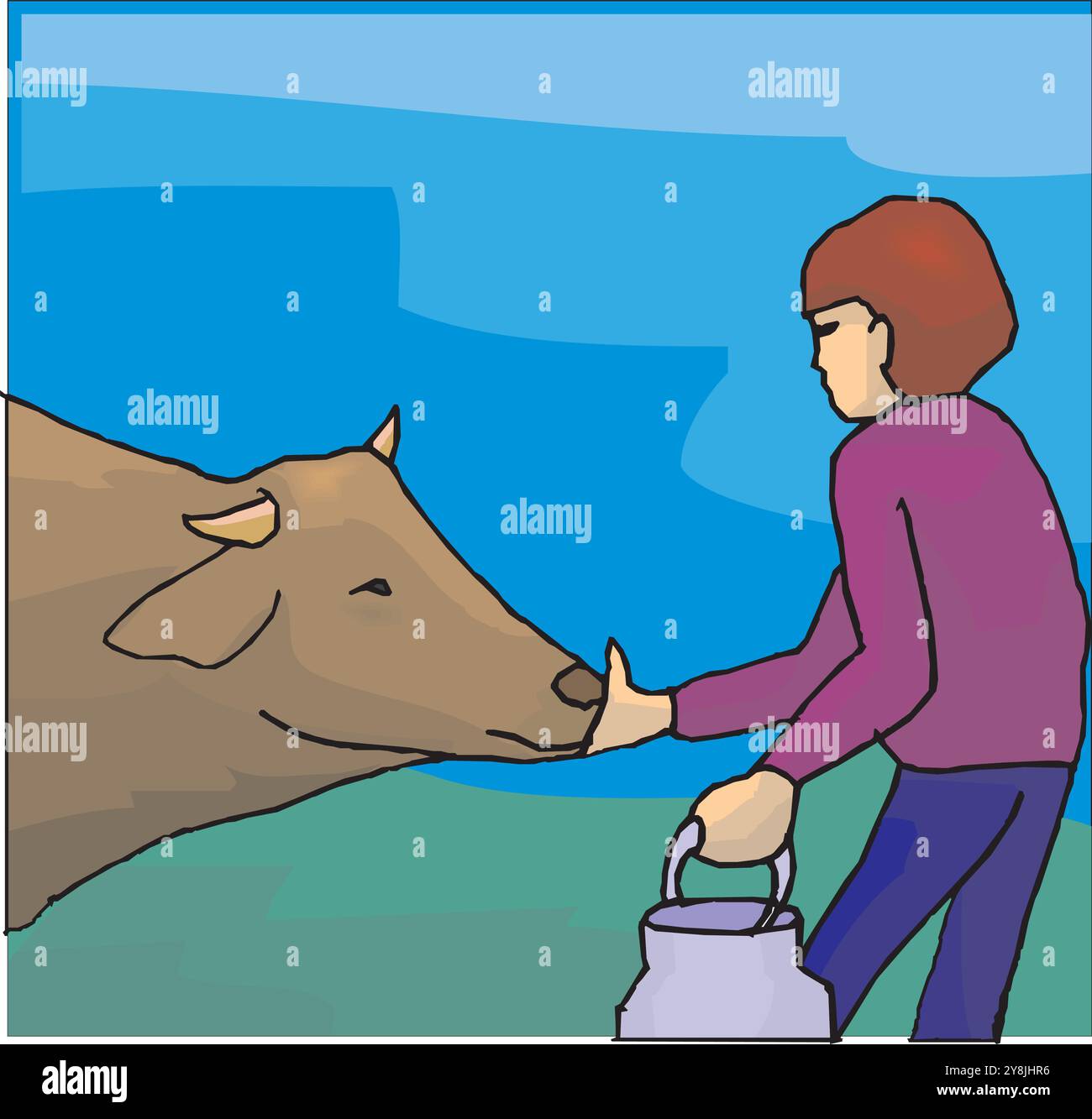 Cartoon character illustration of Little girl feeds a cow vector design ...