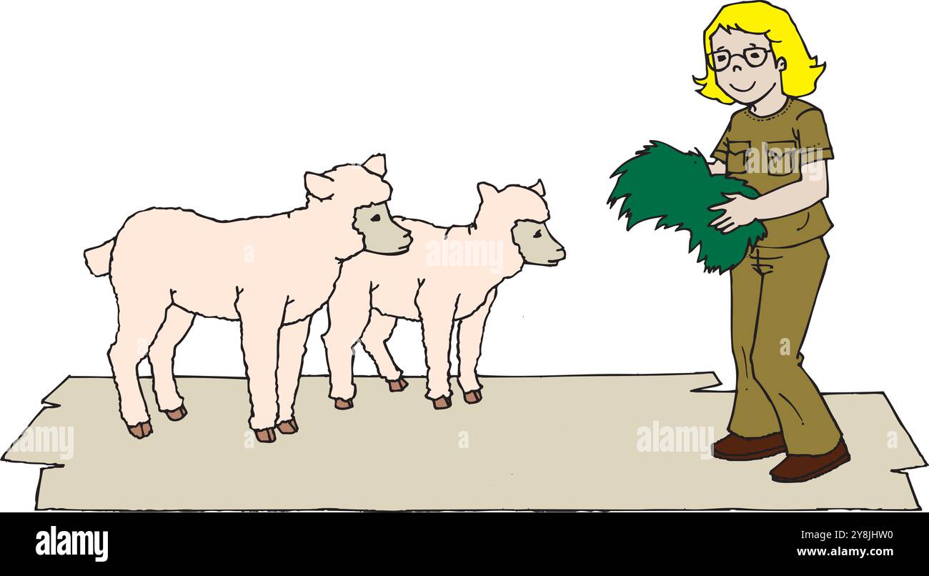 Little girl feeds some lambs Cartoon character illustration Stock ...