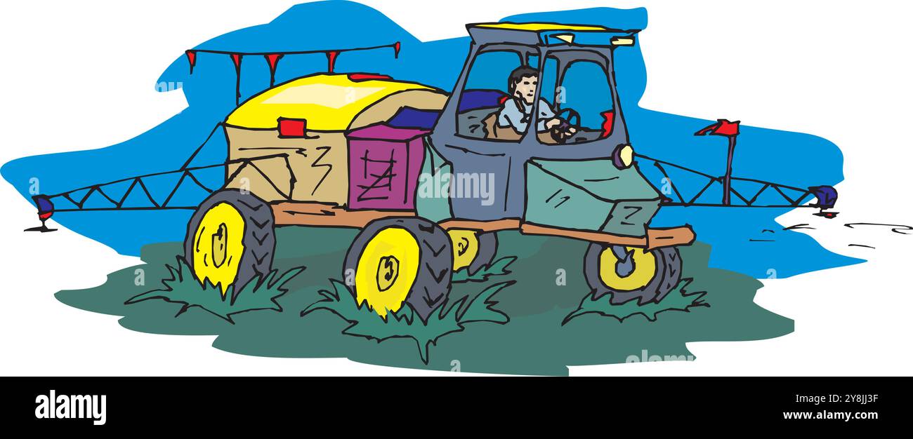 Cute cartoon agricultural sprayer. Crop spraying tractor vector design ...