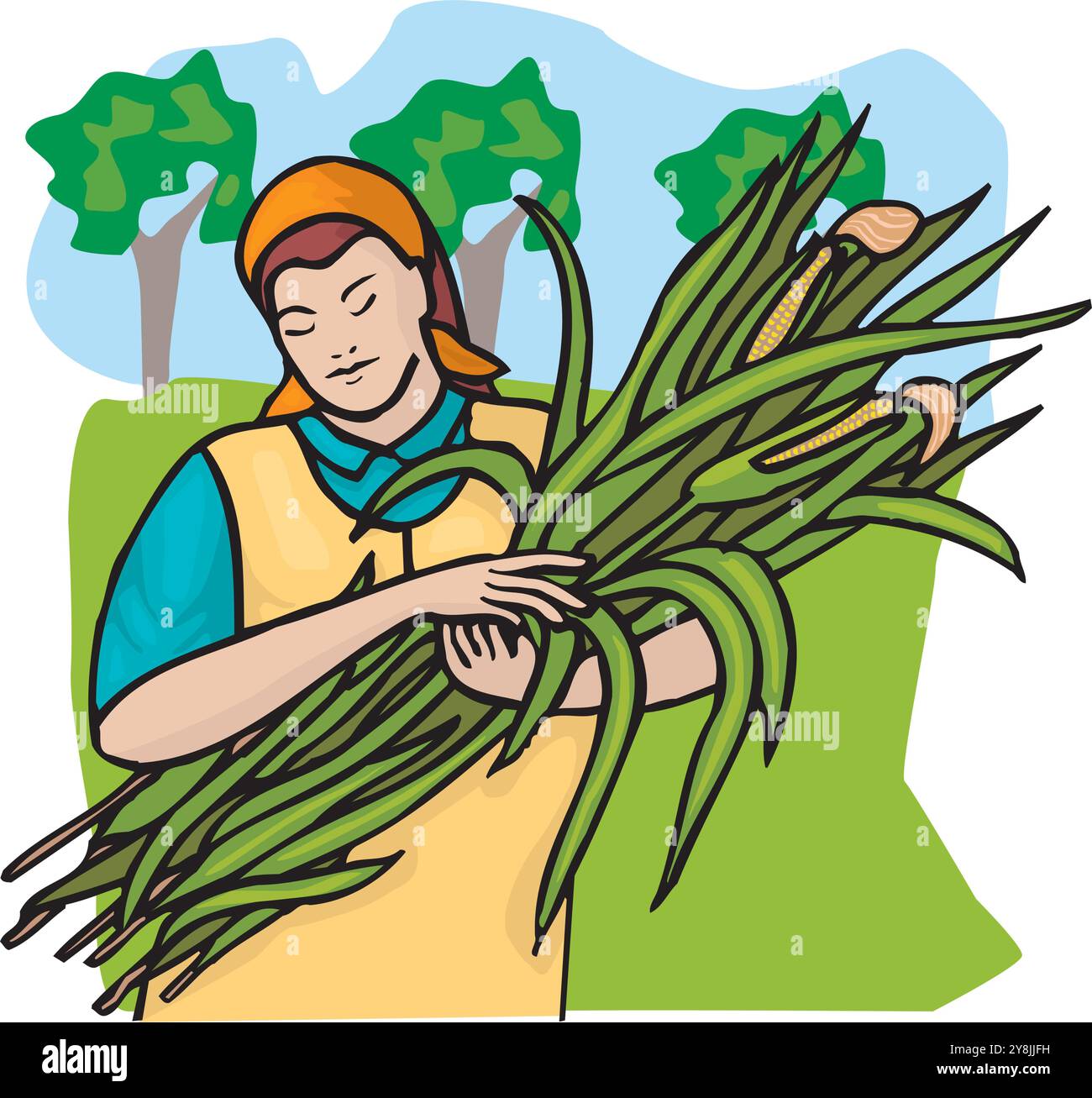 Cartoon character illustration of Little farmer woman Harvesting Corn ...