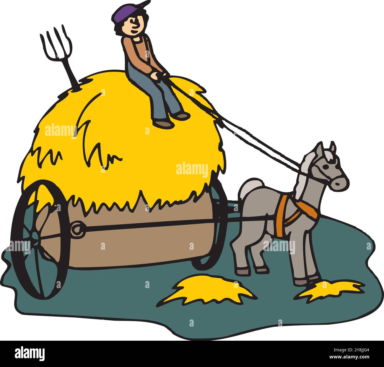 The farmer rides a horse with a cart filled with hay vector design ...