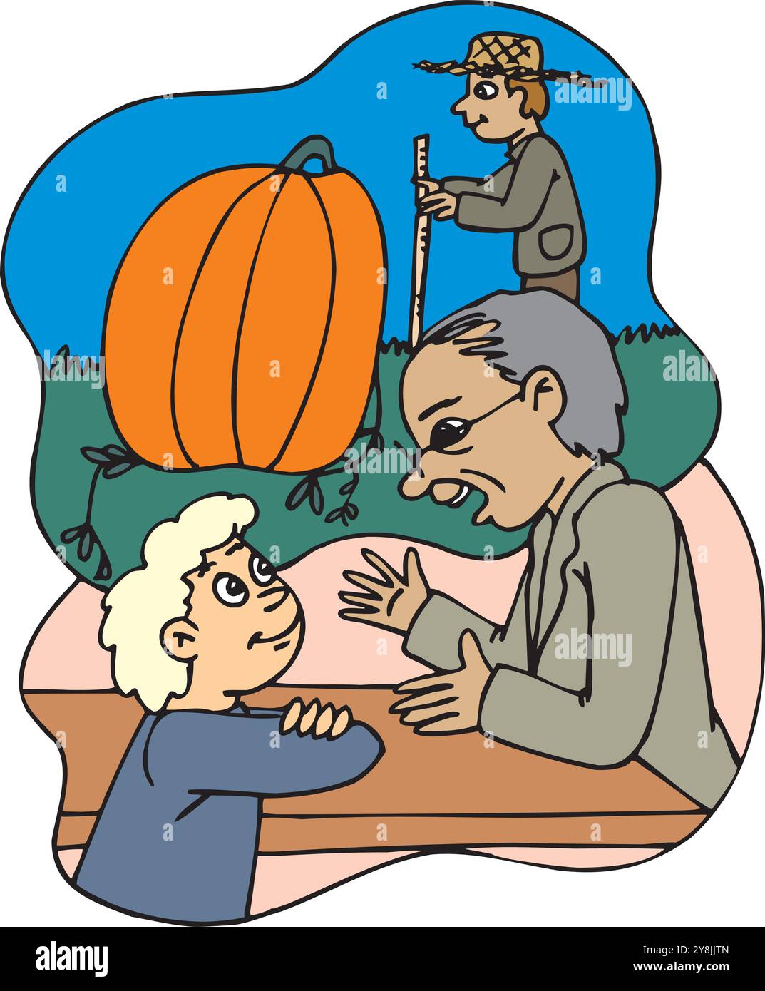 Cartoon characters illustration of farmer tell to boy a large Pumpkin ...