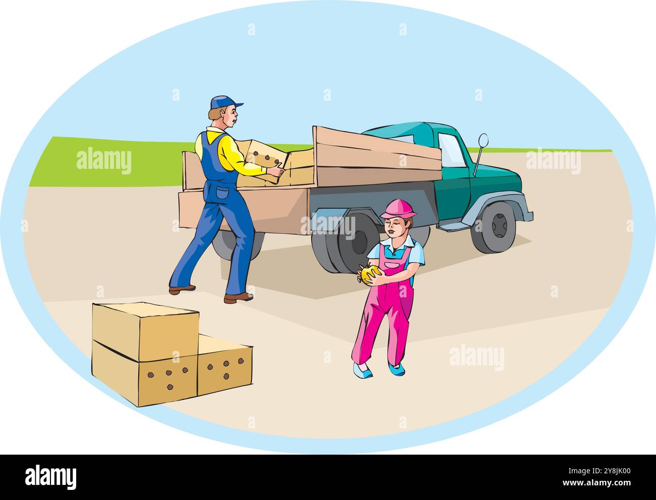 Cartoon characters of farmer loading apples onto a truck vector design ...