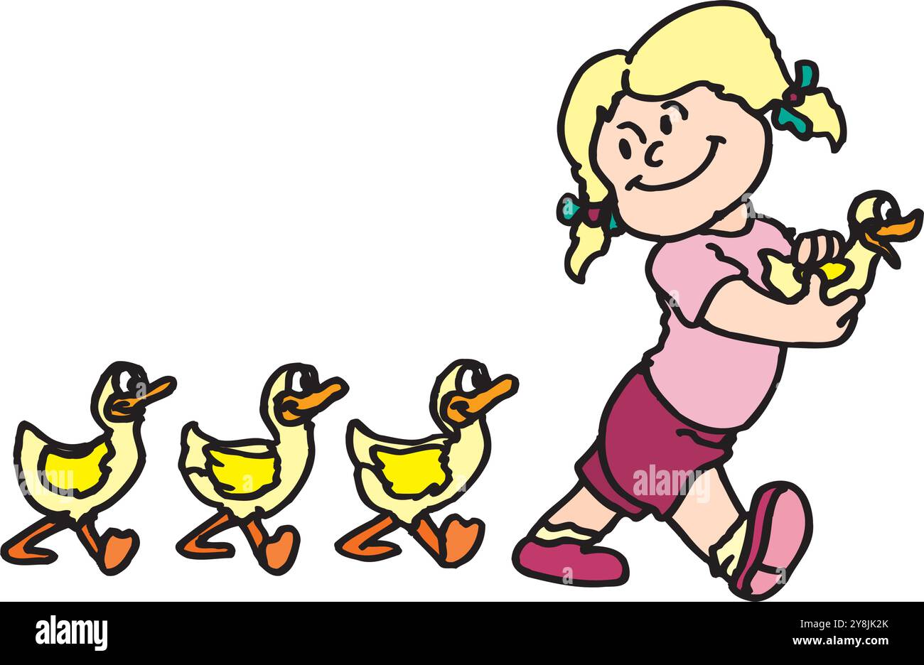 Cartoon characters illustration of a little girl leading ducks vector ...