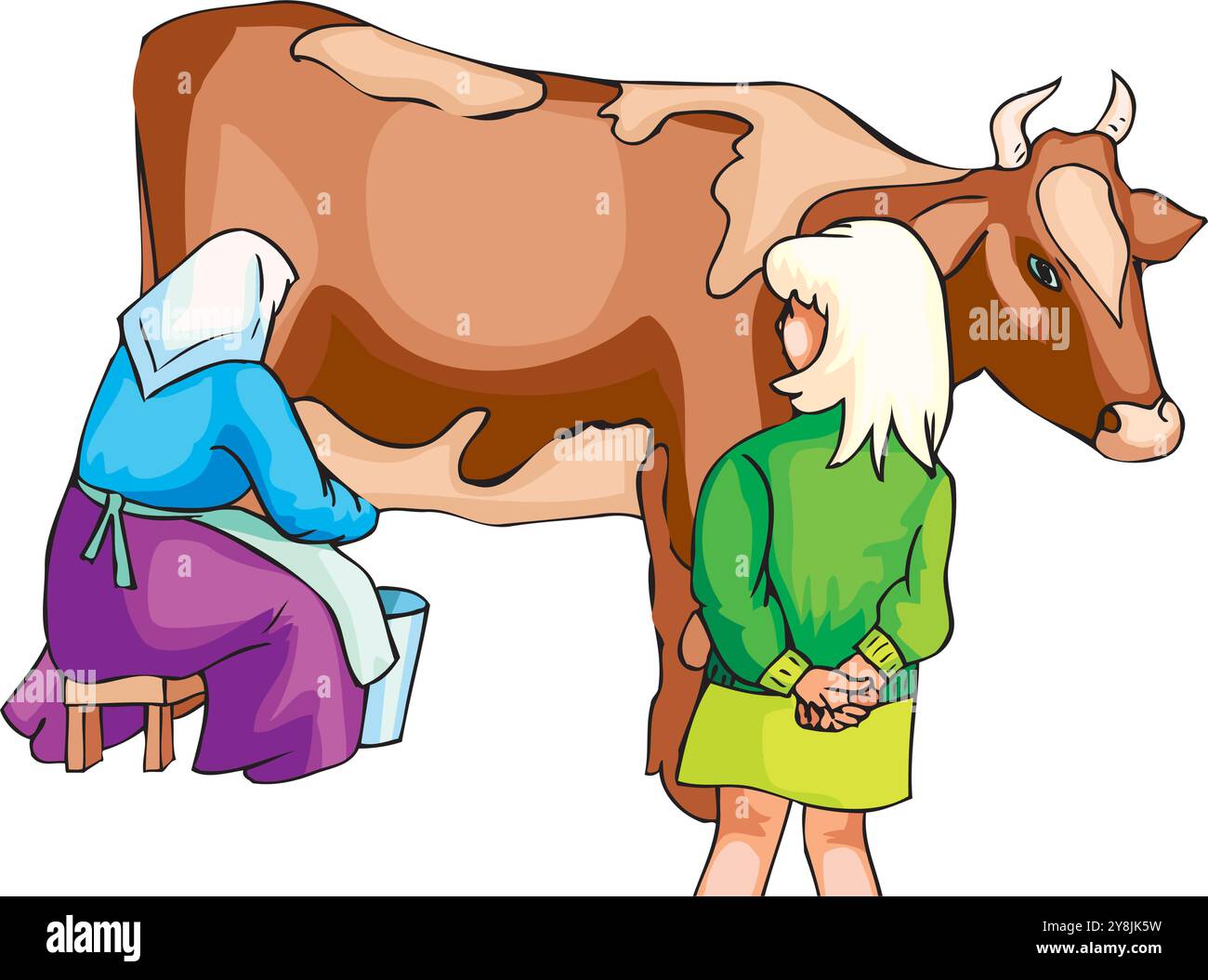 Cartoon characters of woman milking cow vector design illustration ...
