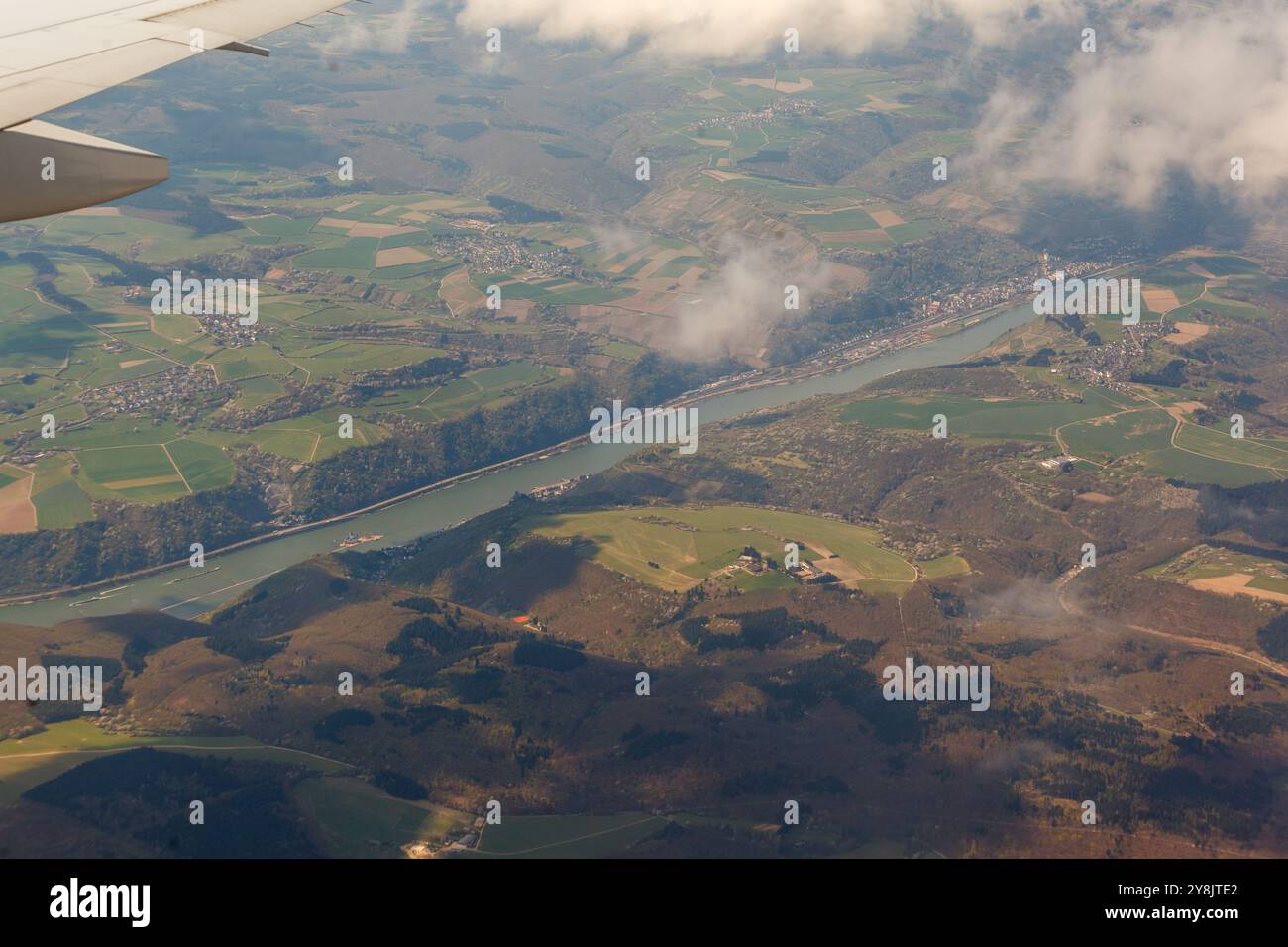 Aerial view of Mainz and the industries around the Rhine river on the ...