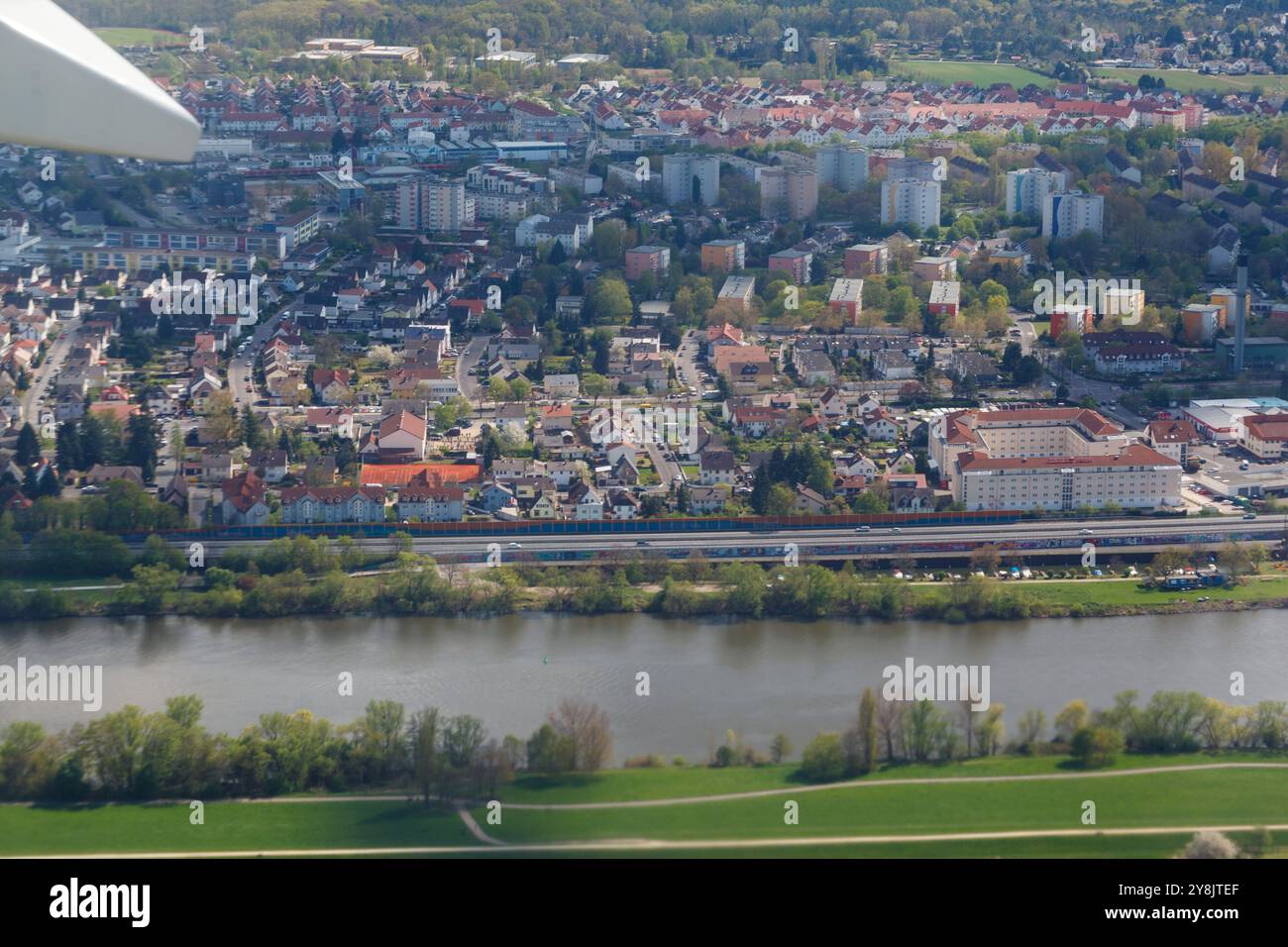 Aerial view of Mainz and the industries around the Rhine river on the ...