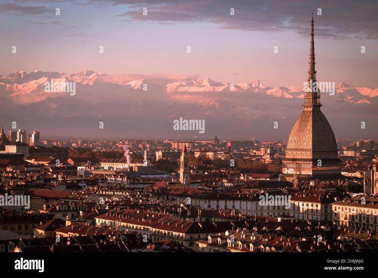 Turin view at dusk from the monte dei Cappuccini, with the iconic Mole ...