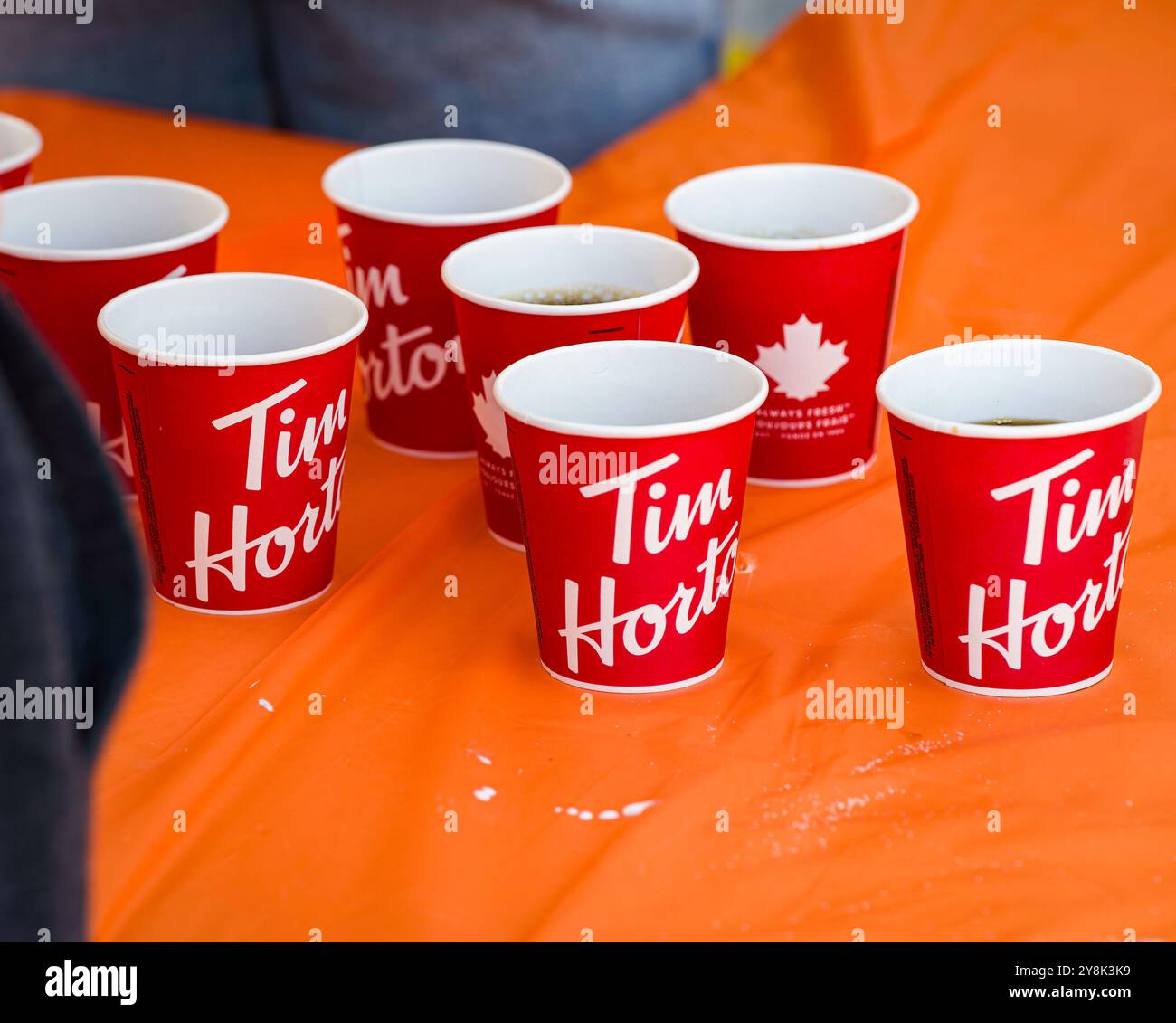 Cups of Tim Horton's coffee wait on an table with orange tablecloth at ...