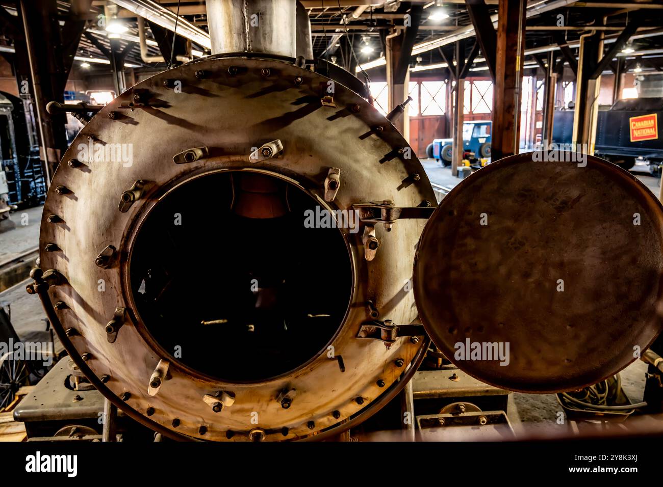 Open firebox of a steam train at Steamtown National Historic Site Stock ...