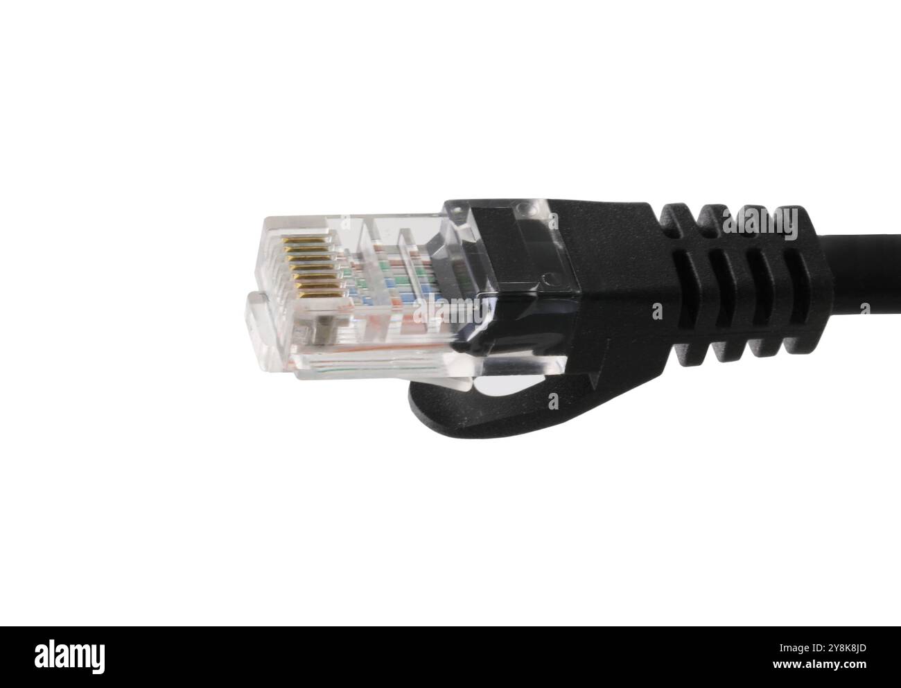 Black network cables with molded RJ45 plug isolated on white background ...