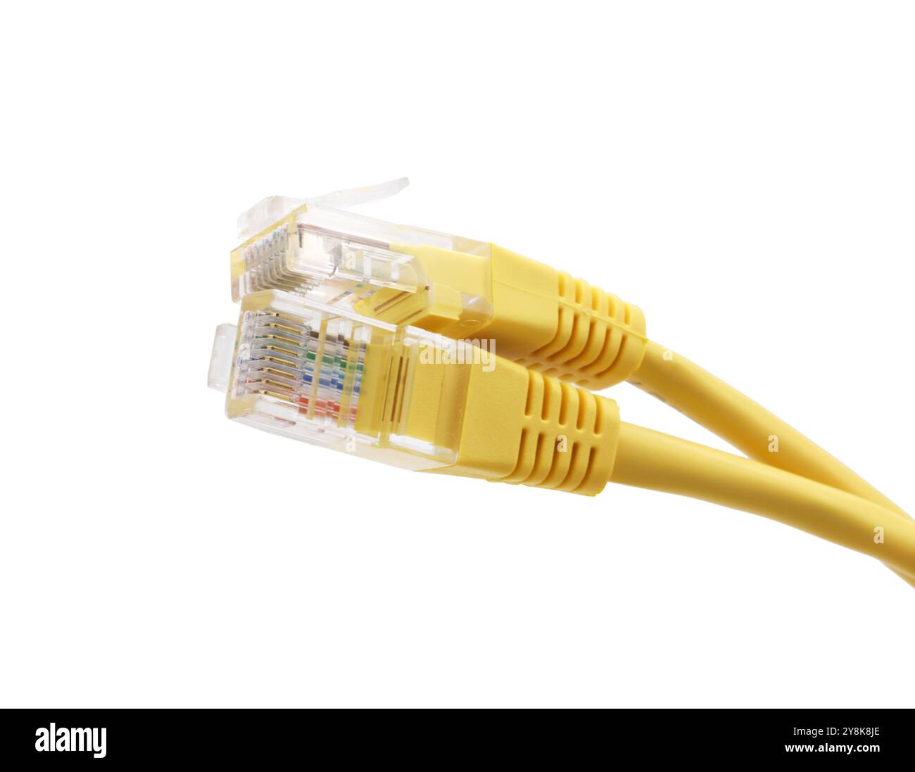 Yellow network cables with molded RJ45 plug isolated on white ...