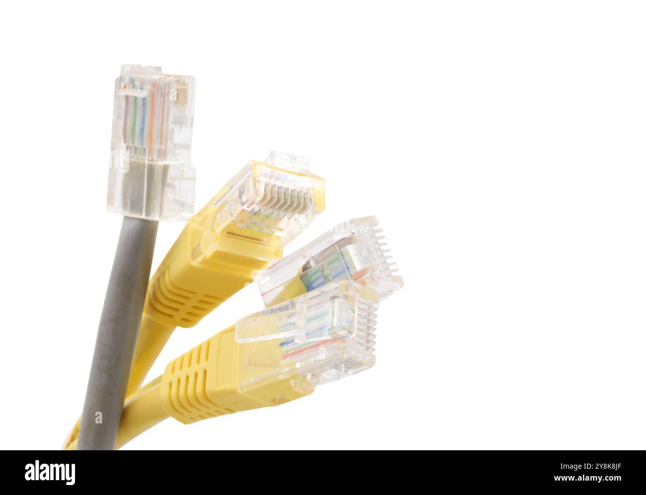 Gray and yellow network cables with molded RJ45 plug isolated on white ...