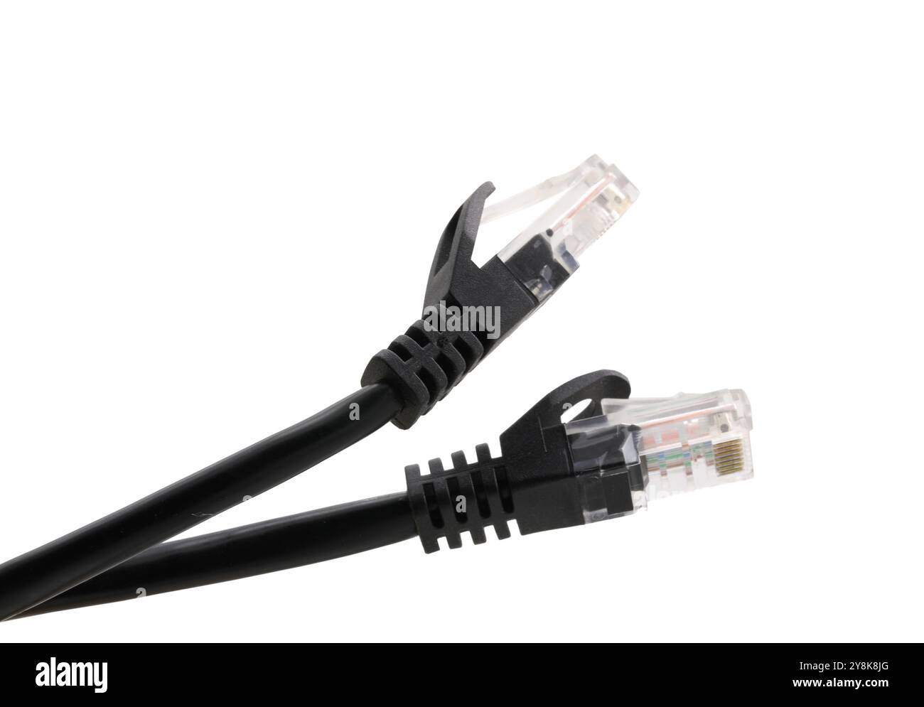 Black network cables with molded RJ45 plug isolated on white background ...