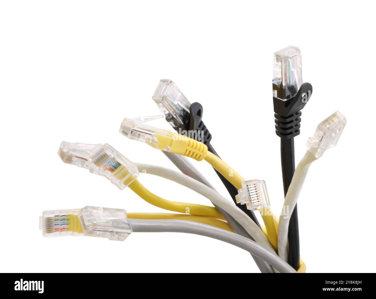 Multi colored network cables with molded RJ45 plug isolated on white ...