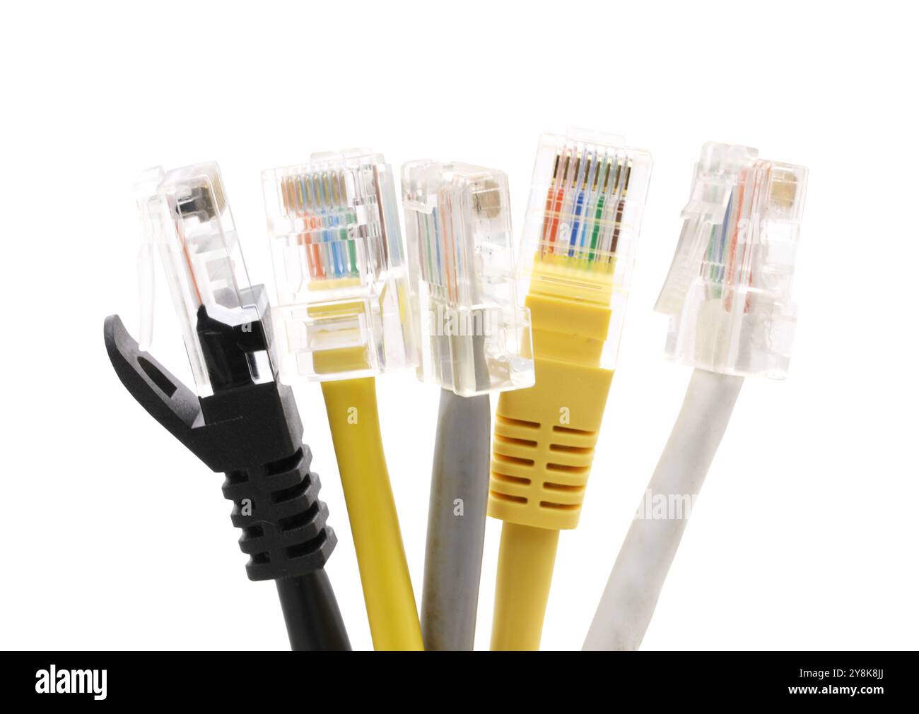 Multi colored network cables with molded RJ45 plug isolated on white ...