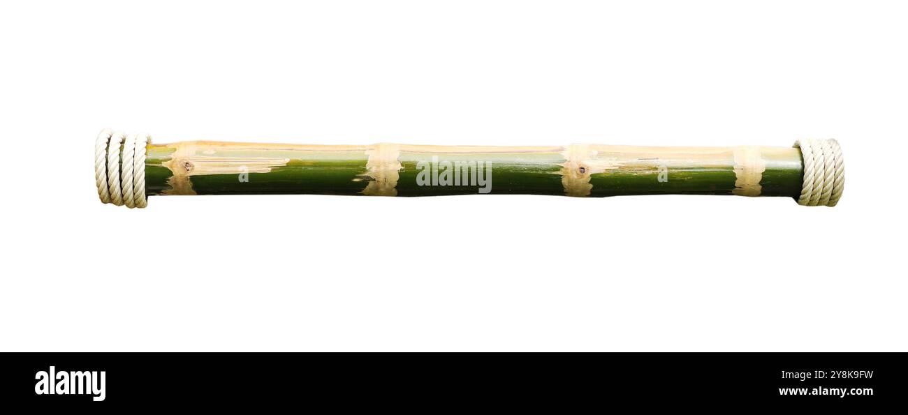 Bamboo log with white rope tied around on the end isolated on white ...