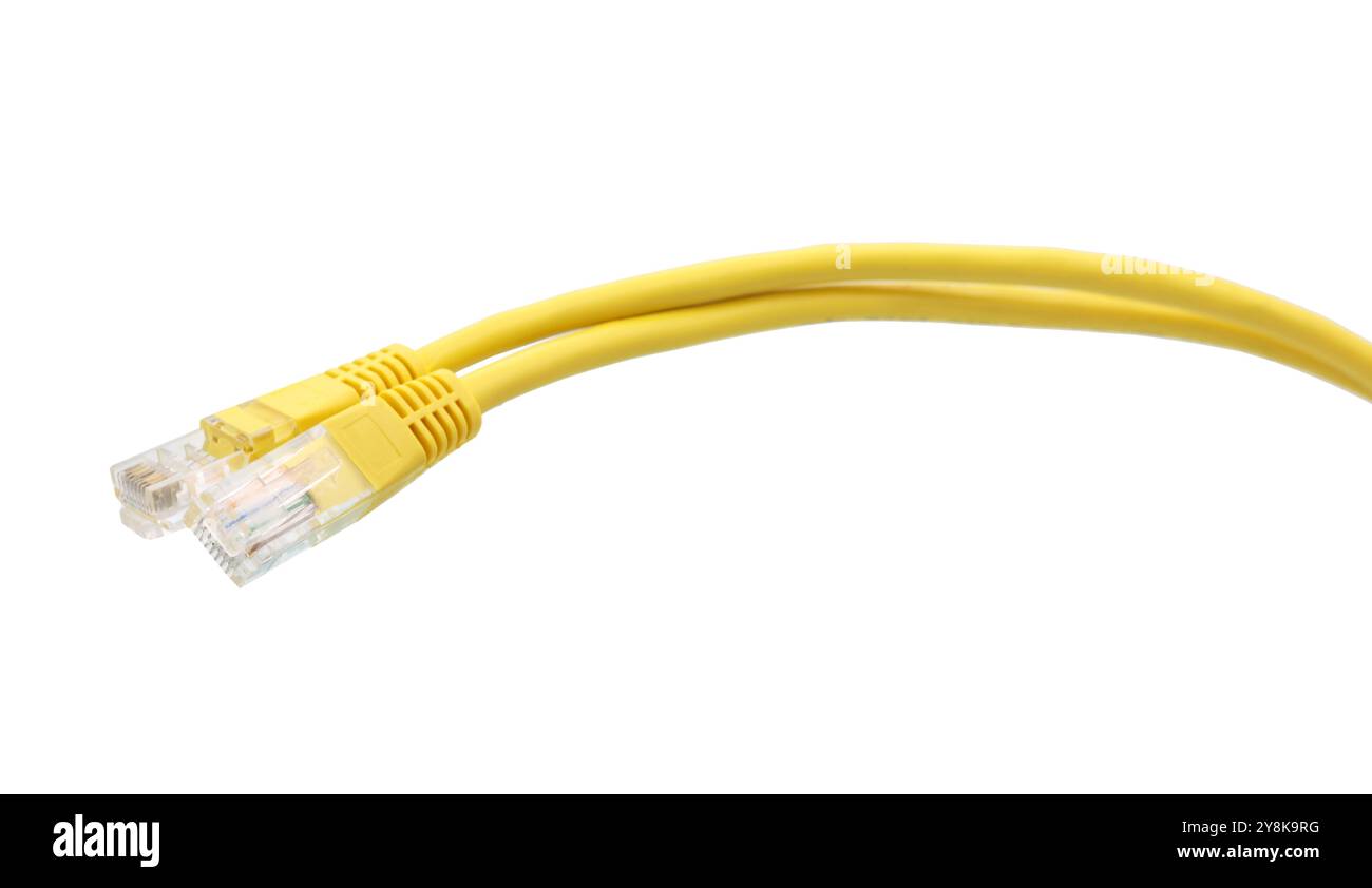 Yellow network cables with molded RJ45 plug isolated on white ...