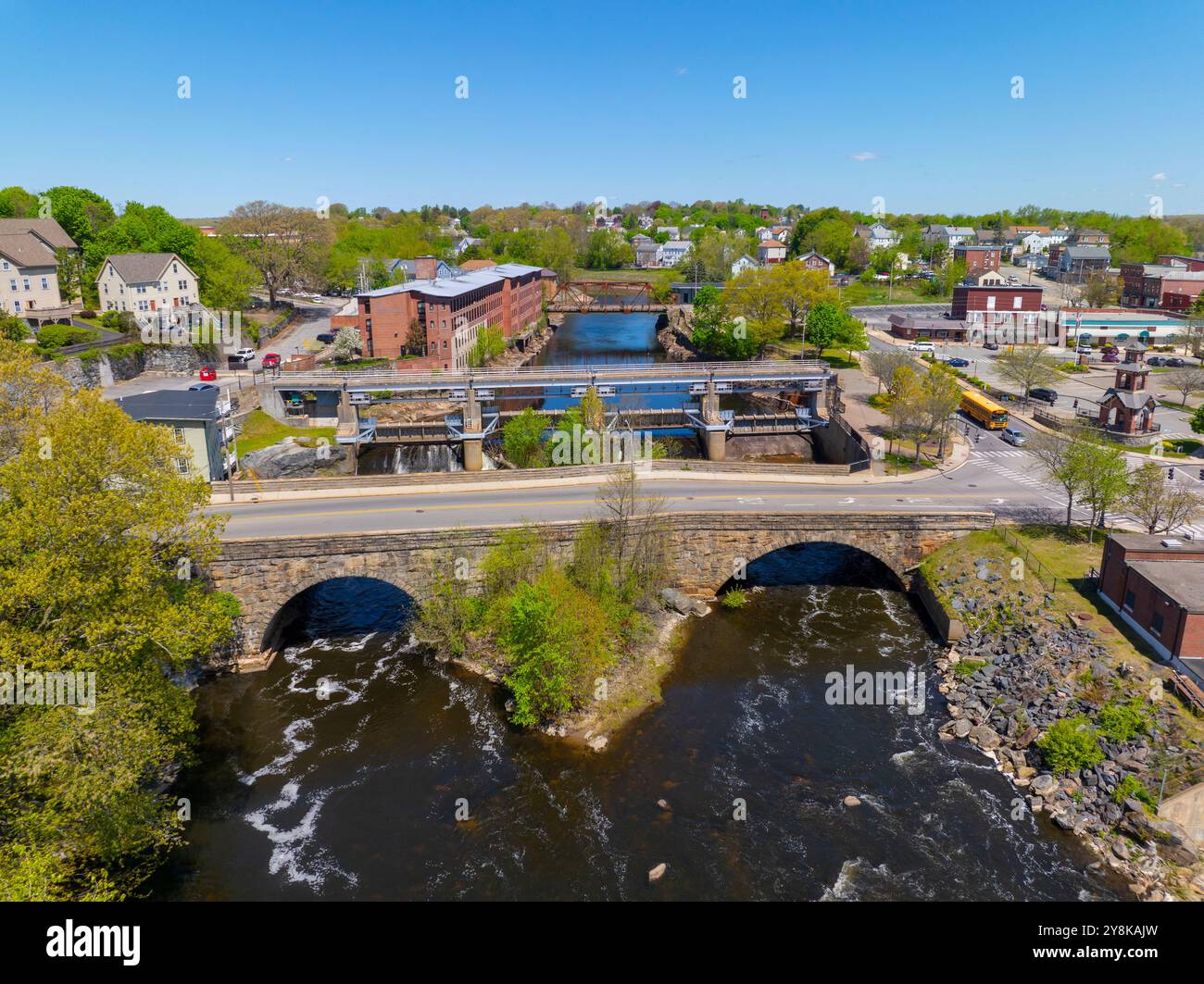Main Street Bridge and Woonsocket Falls Dam on Blackstone River aerial ...