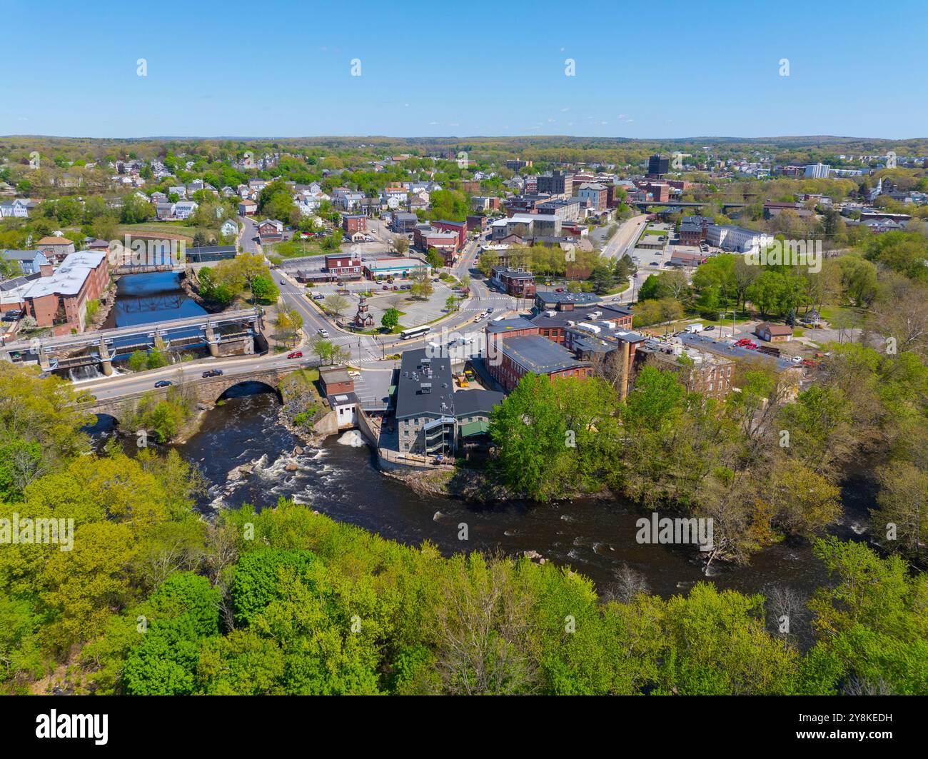 Main Street Bridge and Woonsocket Falls Dam on Blackstone River aerial ...