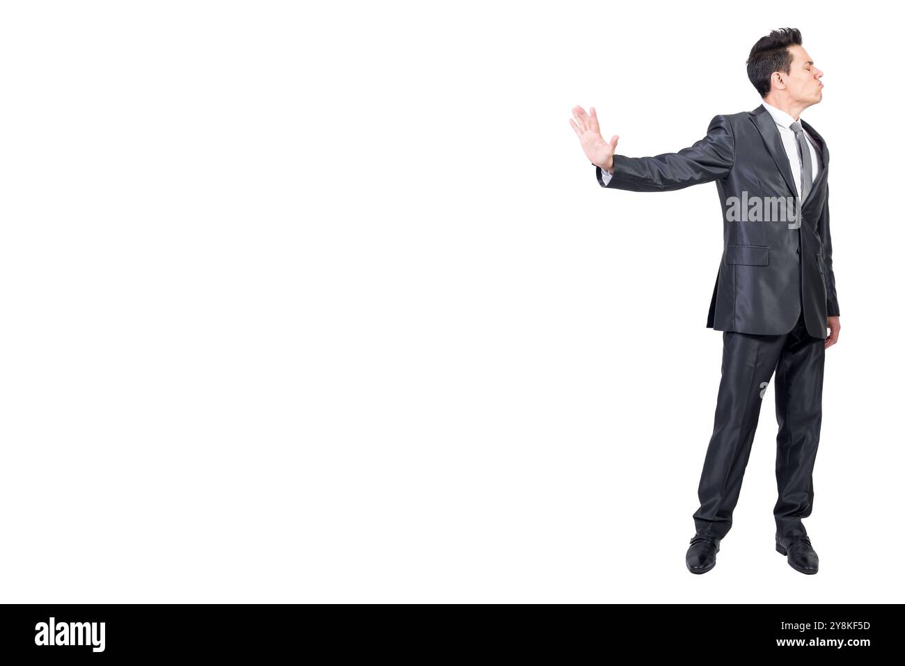 Hilarious dissatisfied businessman showing stop sign. White background ...