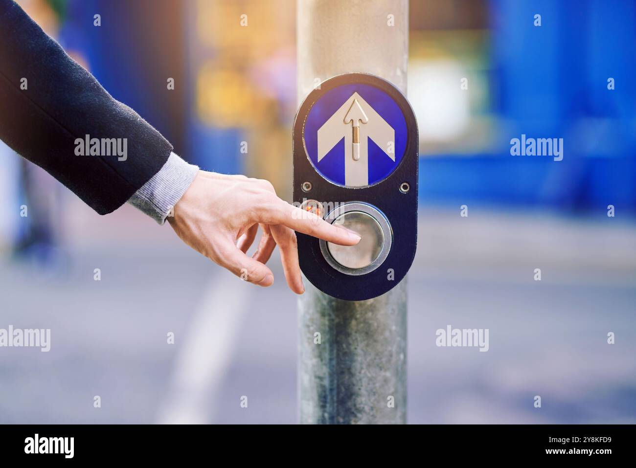 Hands, man and press of cross walk button in city for traffic safety ...