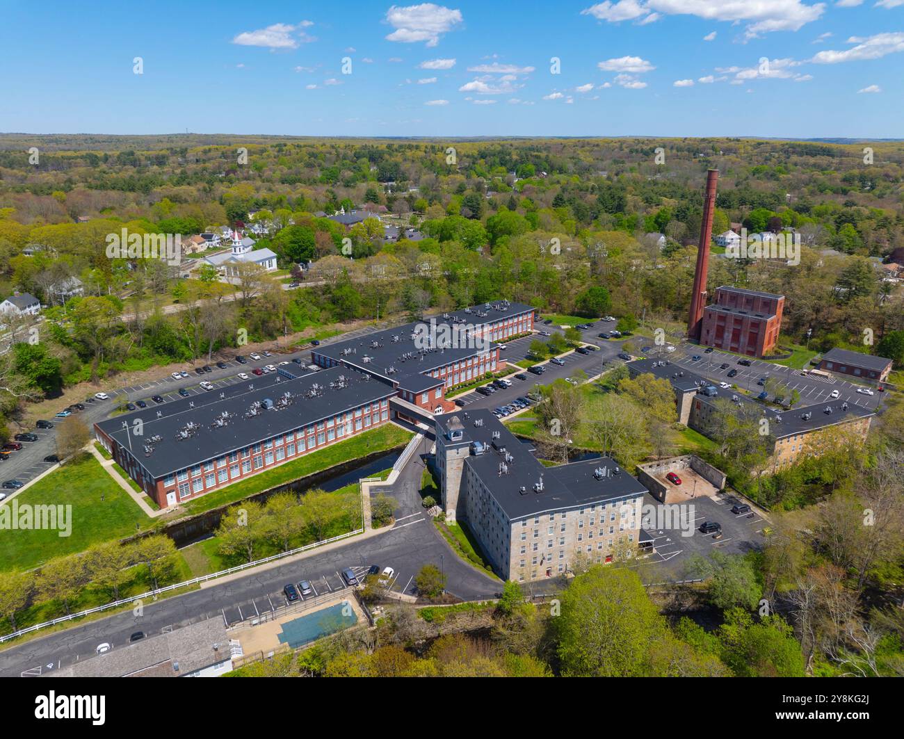 Slatersville Mills building aerial view in historic village of Slatersville, town of North ...