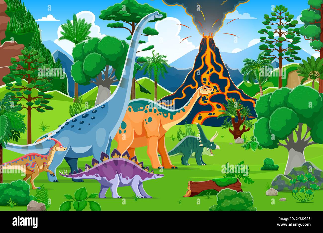 Prehistoric era landscape with dinosaurs amidst lush tropical greenery ...