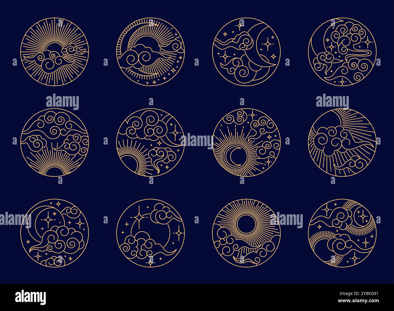 Oriental Chinese, Korean or Japanese sun and moon patterns with clouds ...