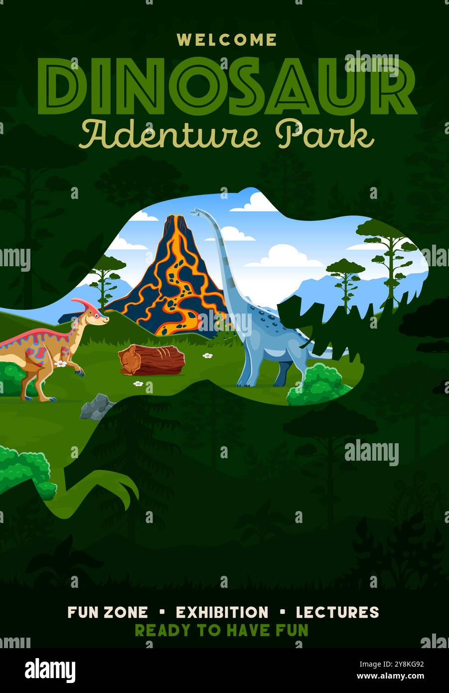 Dino park flyer with T rex dinosaur silhouette and prehistoric ...