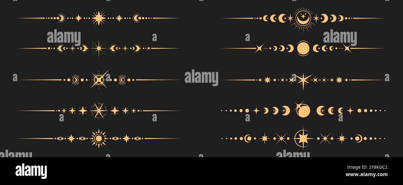 Mystic celestial divider borders with magic symbols of sun, moon and ...