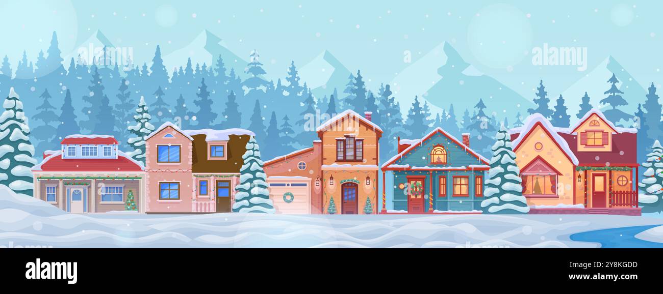 Snowy winter town landscape with houses and snow on roof for winter ...