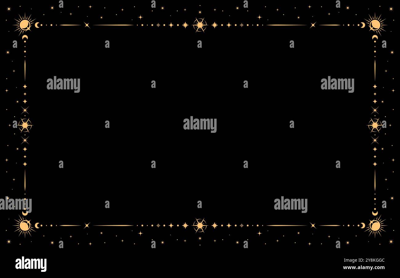 Mystic celestial frame with astrology sun, moon and stars in golden line border, vector ...