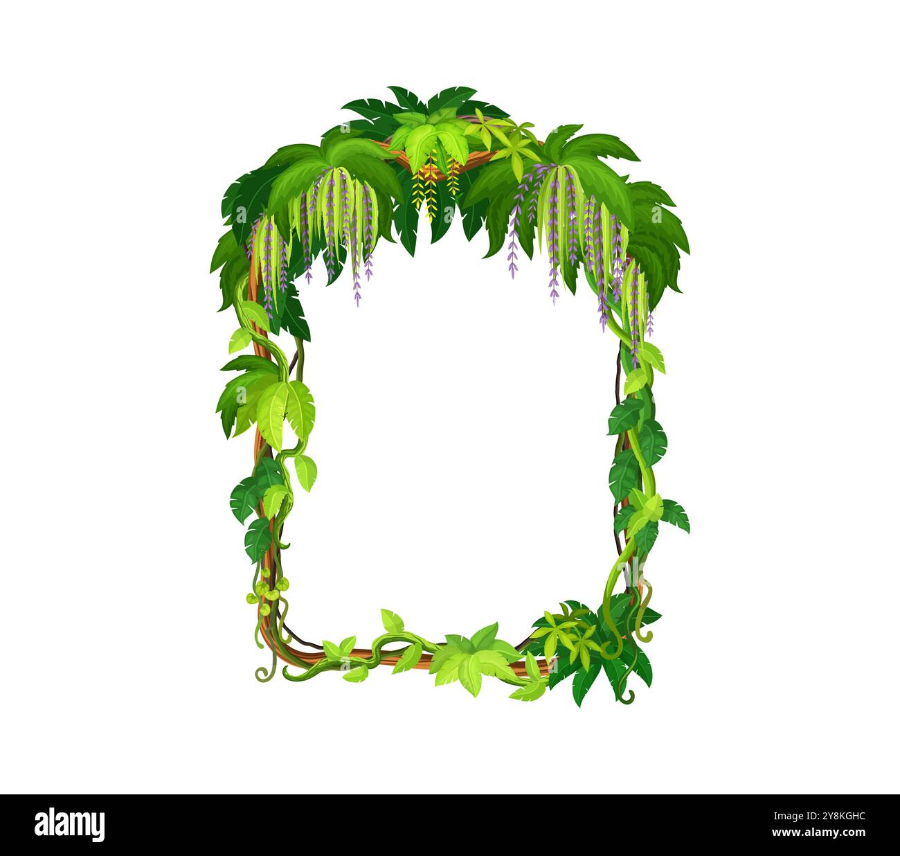 Tropical jungle frame with forest liana branch and leaves. Cartoon ...