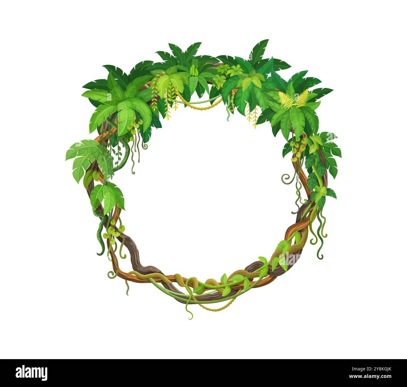 Tropical jungle round frame with forest liana branch and leaves ...