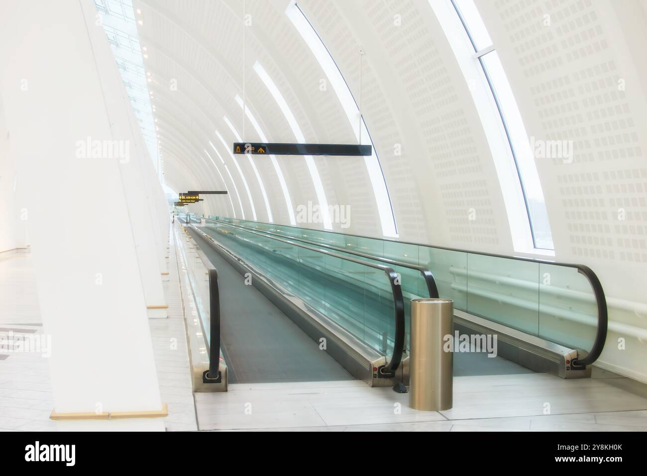 Airport terminal, design and architecture of building, escalator and ...