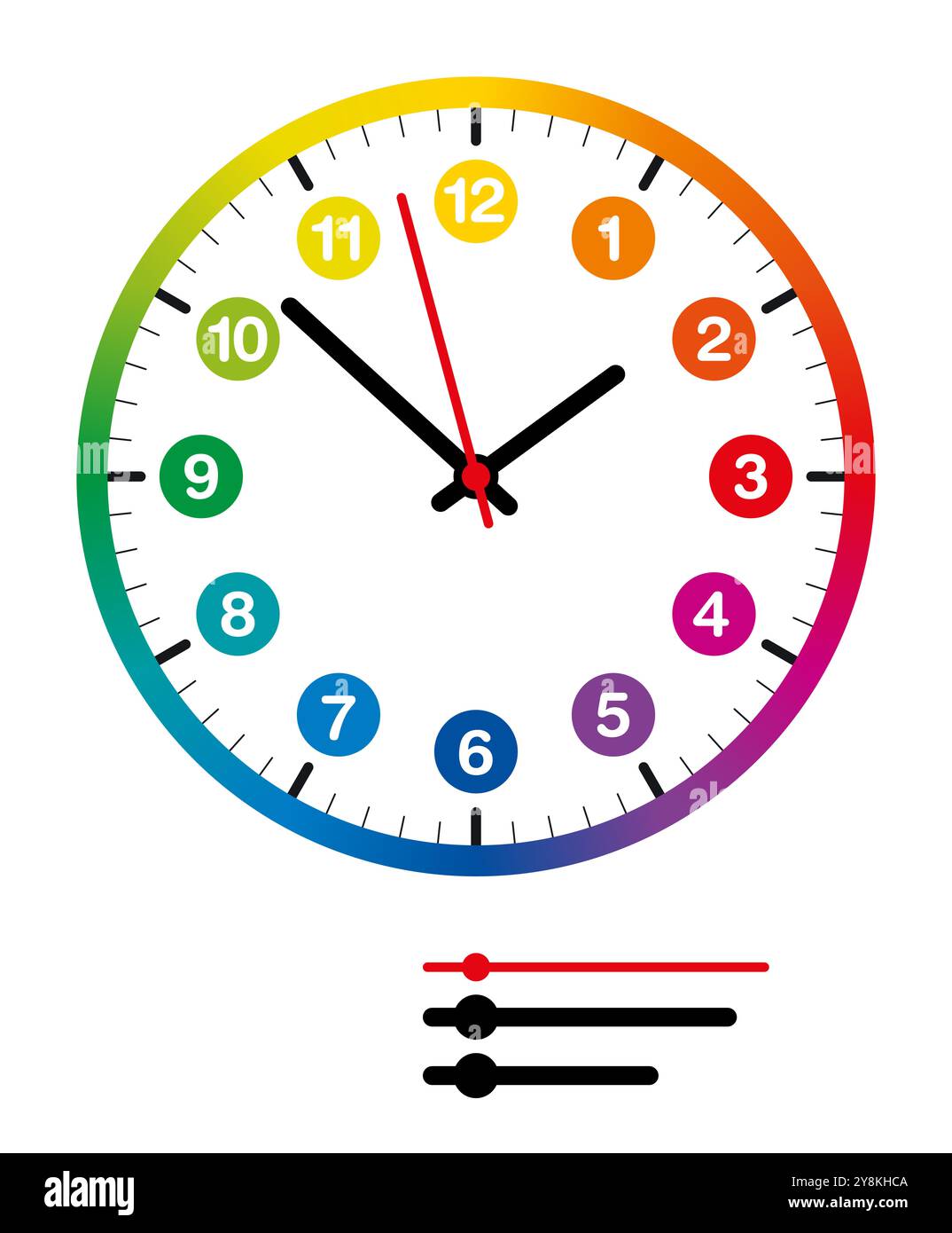 Colorful dial of a kids watch. Rainbow colored, circular, analog clock ...