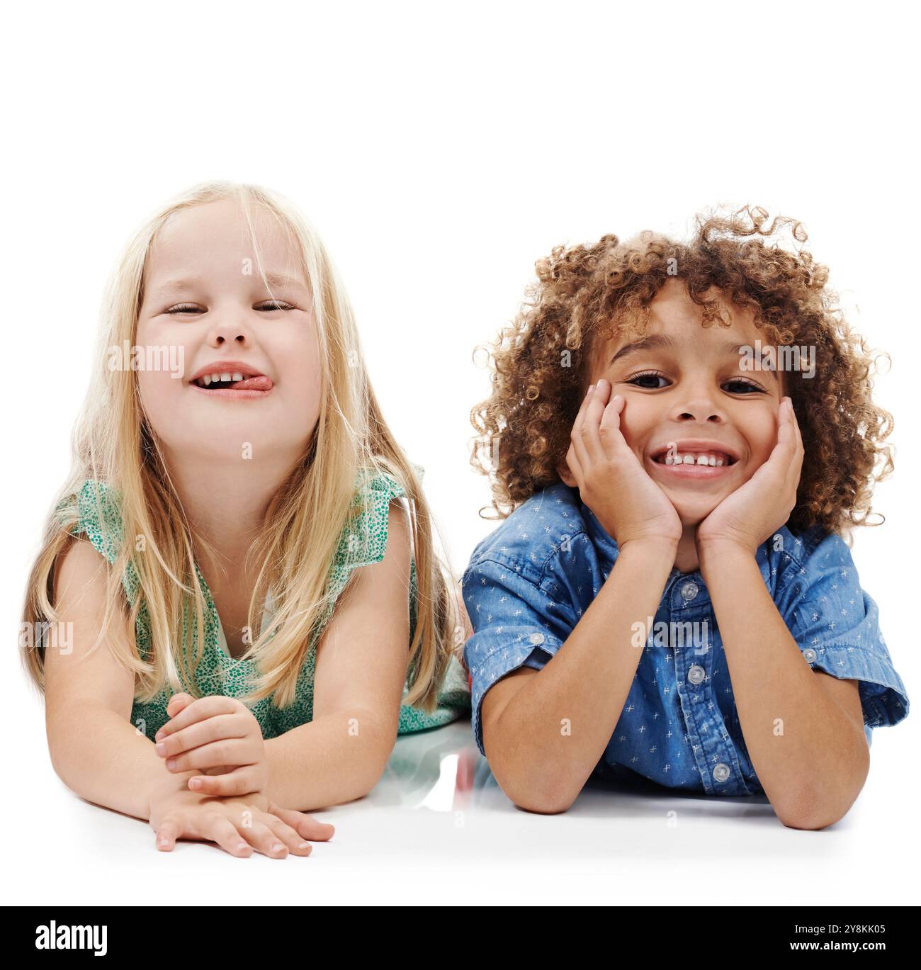 Relax, friends and portrait of children in studio together with smile ...