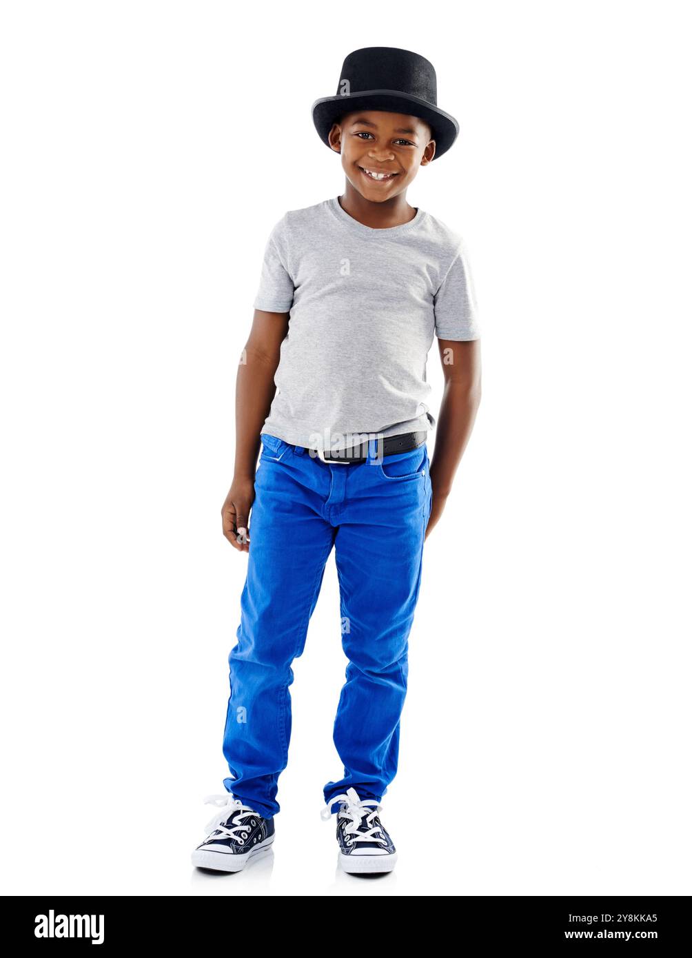 Studio, portrait and black child with hat for fashion, dress up and ...