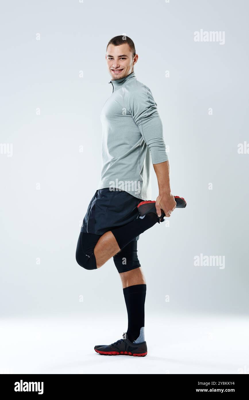 Portrait, stretching and man with balance, training and athlete on ...