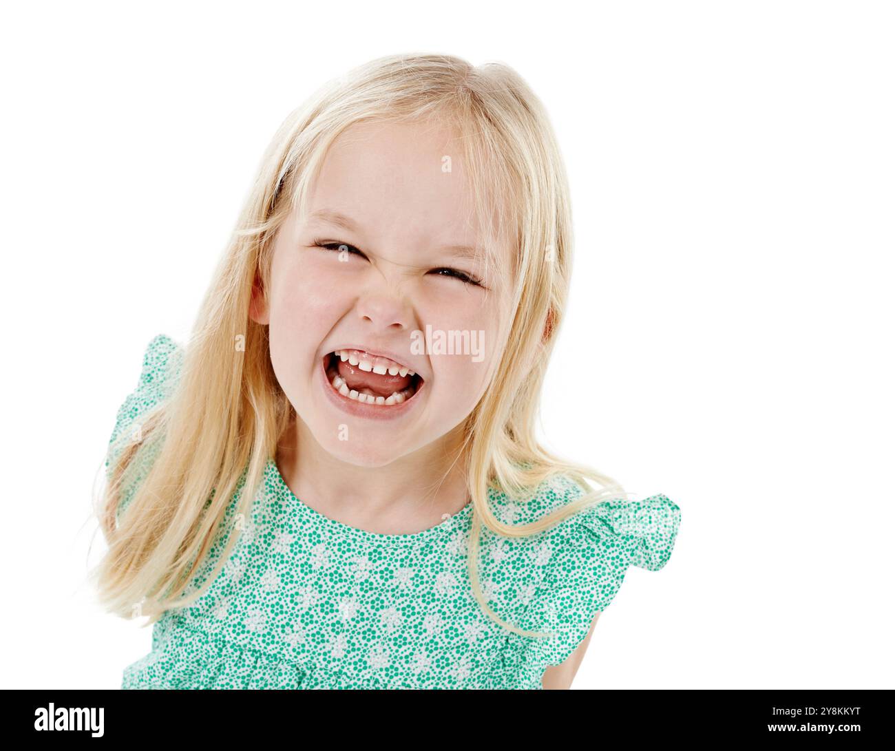 Child, girl and portrait with funny face in studio with comic ...