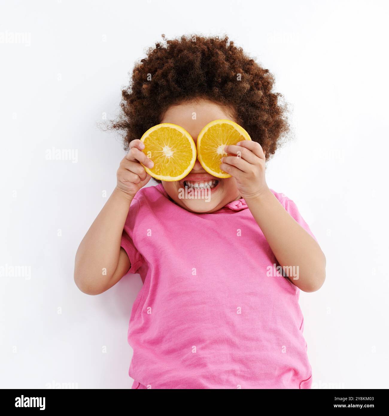 Happy kid, lemon or vitamin C with fruit for nutrition, detox or sour ...