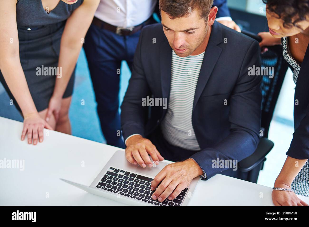 Business people, laptop and working in office meeting for teamwork ...