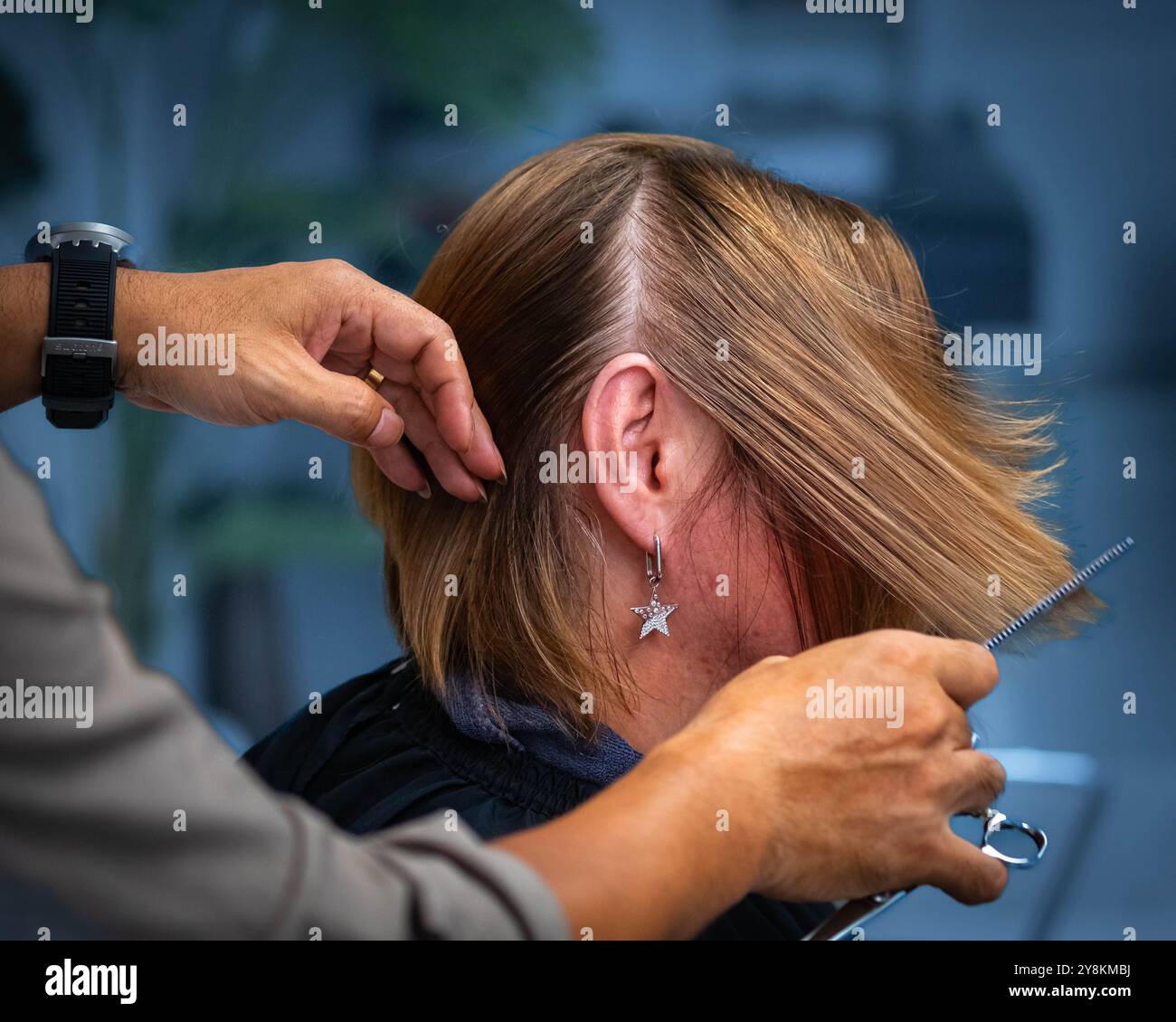 Hairdresser's hands cutting hair. Hairdresser cutting woman's hair ...